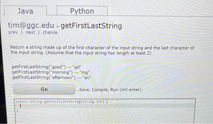 Solved im@ggc.edu > getFirstLastString rev I next | chance | Chegg.com
