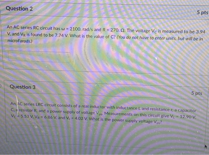 Solved An AC series RC circuit has ω=2100. rad/s and | Chegg.com