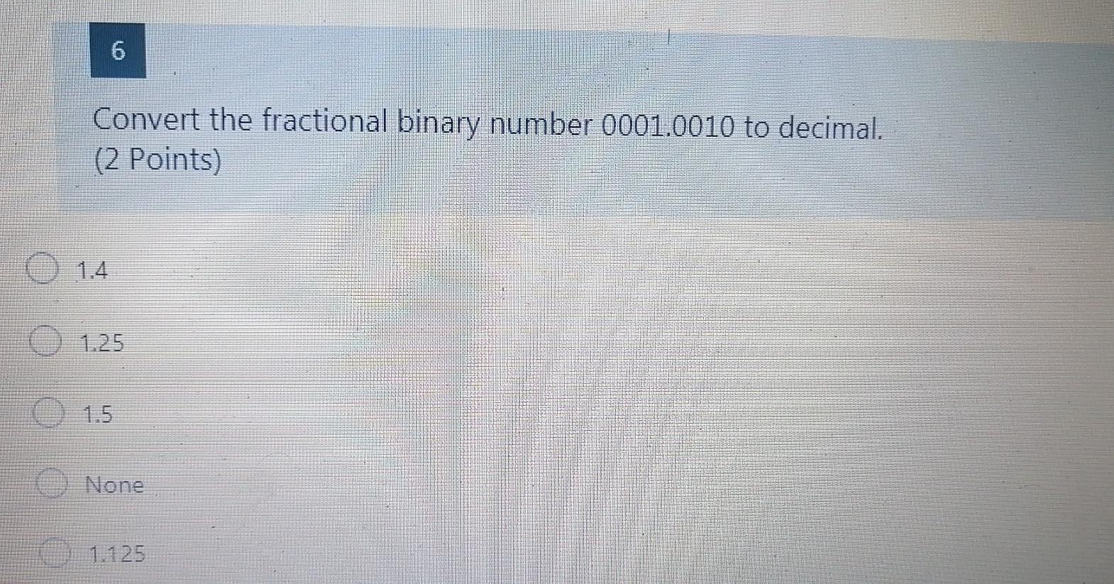 Solved 6 Convert the fractional binary number 0001.0010 to | Chegg.com