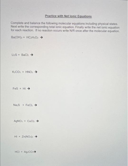 Solved Practice with Net lonic Equations Complete and | Chegg.com
