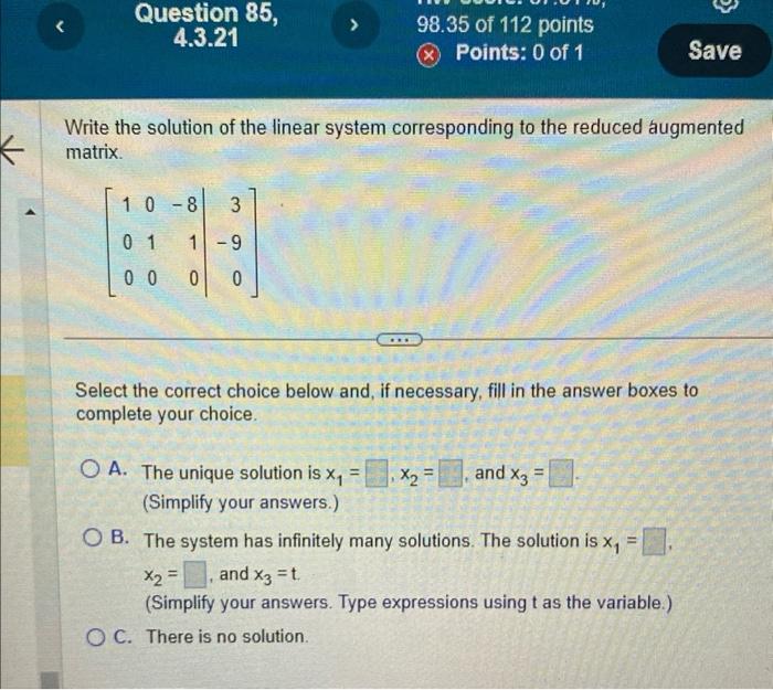 Solved Write the solution of the linear system corresponding | Chegg.com