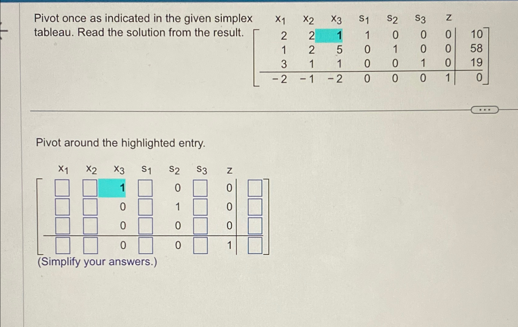 Solved Pivot once as indicated in the given simplex | Chegg.com