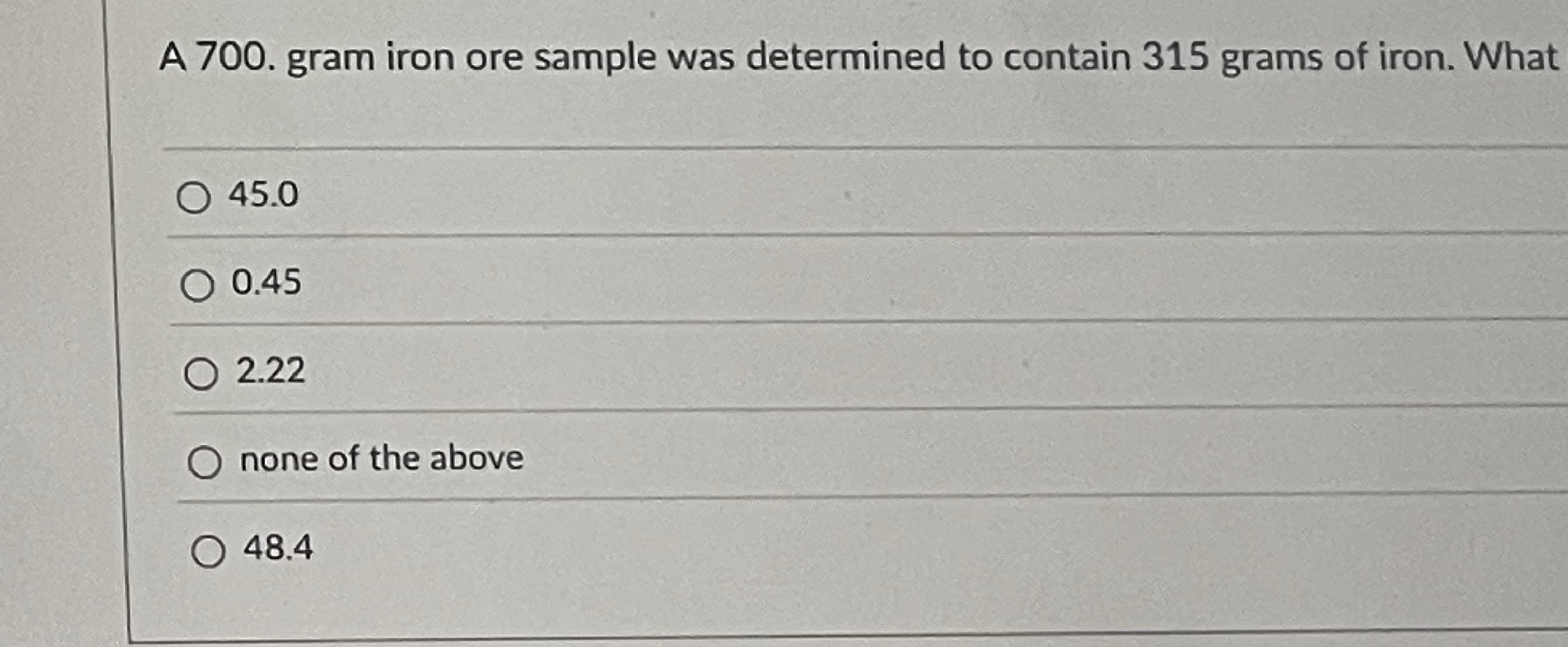 Solved A 700. ﻿gram iron ore sample was determined to | Chegg.com