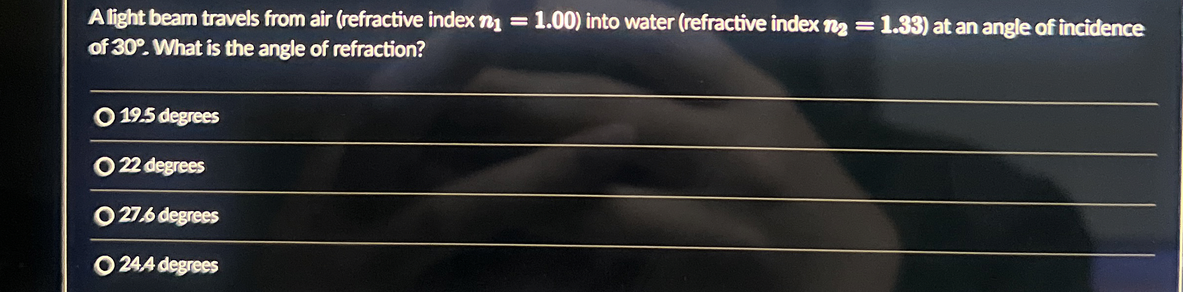 Solved A light beam travels from air (refractive index | Chegg.com