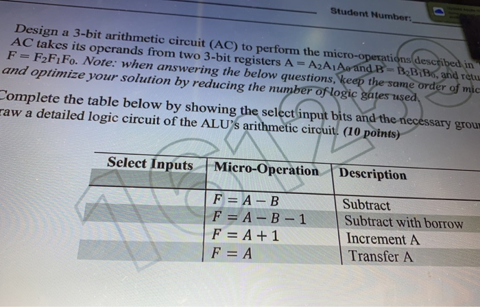 Solved Student Number: Design a 3-bit arithmetic circuit | Chegg.com