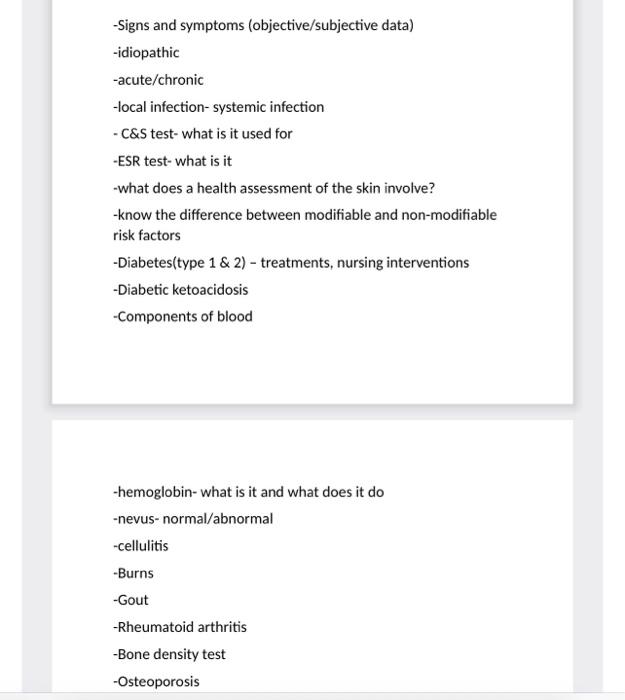 Solved -Signs and symptoms (objective/subjective data) | Chegg.com