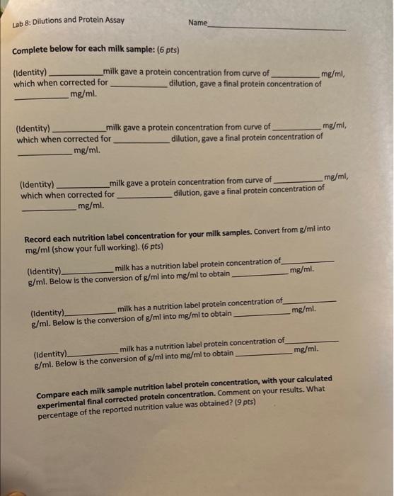 Lab 8: Dilutions and Protein Assay Name Complete | Chegg.com