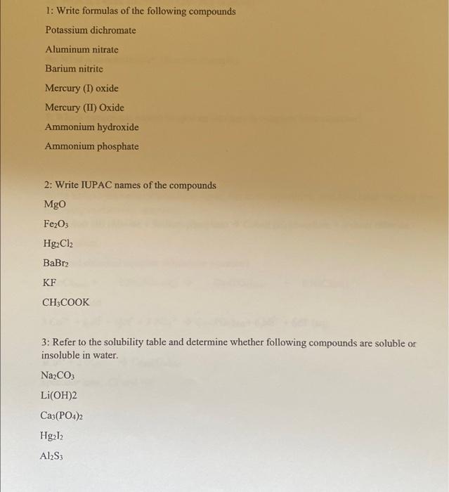Solved 1: Write formulas of the following compounds | Chegg.com
