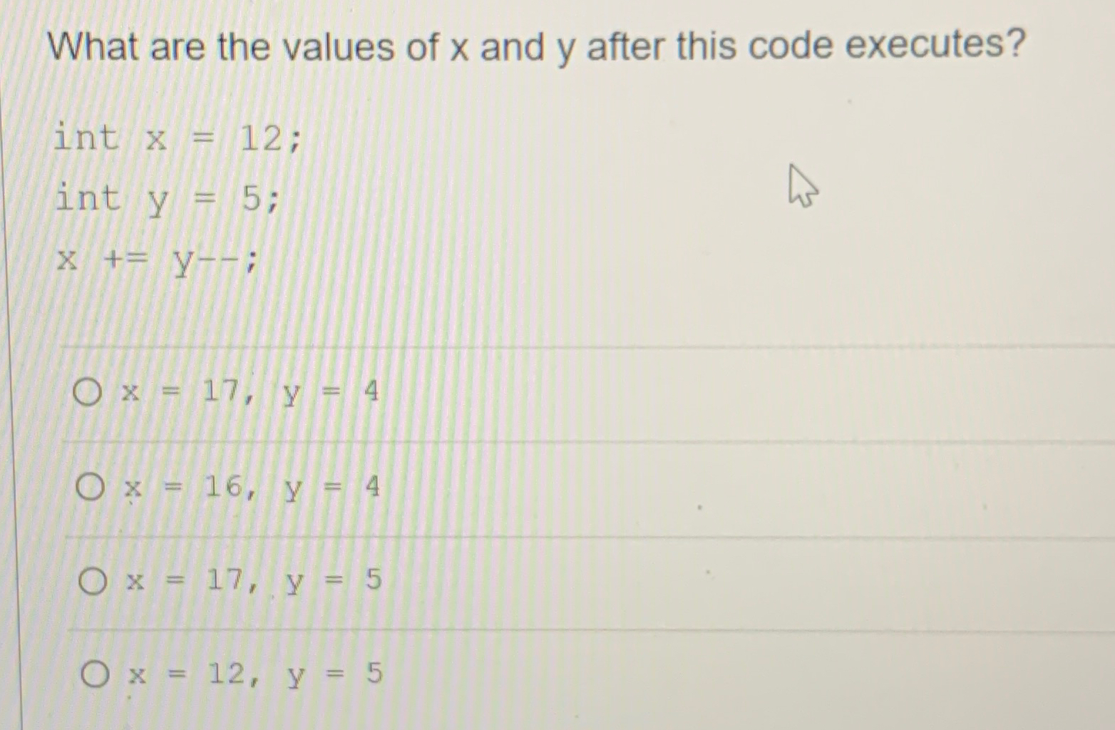 Solved What are the values of x ﻿and y ﻿after this code | Chegg.com
