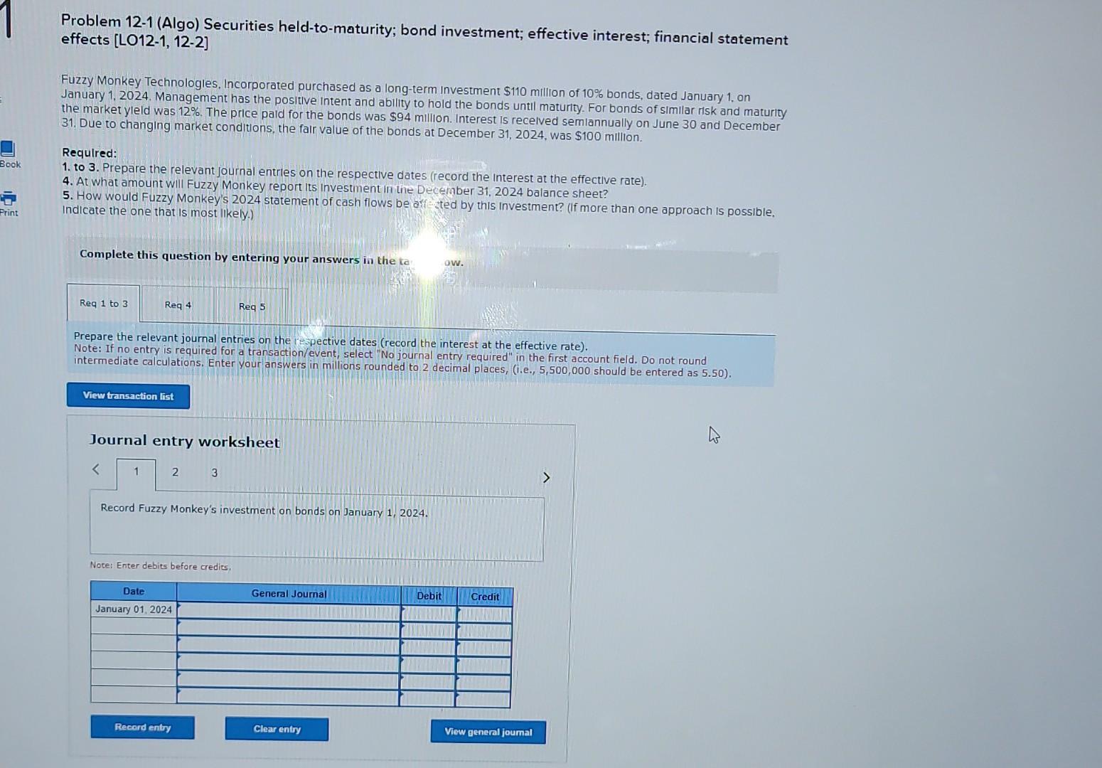 Solved Problem 12-1 (Algo) Securities held-to-maturity; bond | Chegg.com