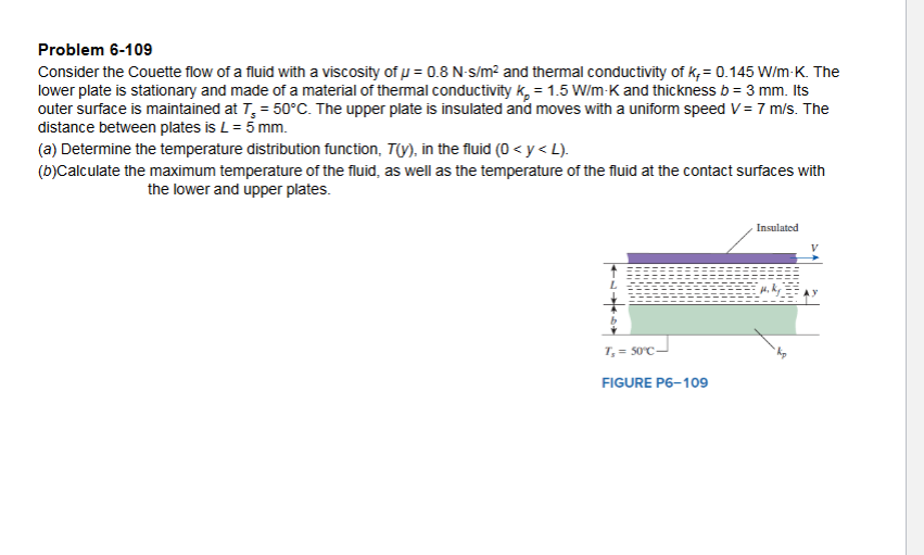 Solved Problem 6-109 ﻿Consider the Couette flow of a fluid | Chegg.com