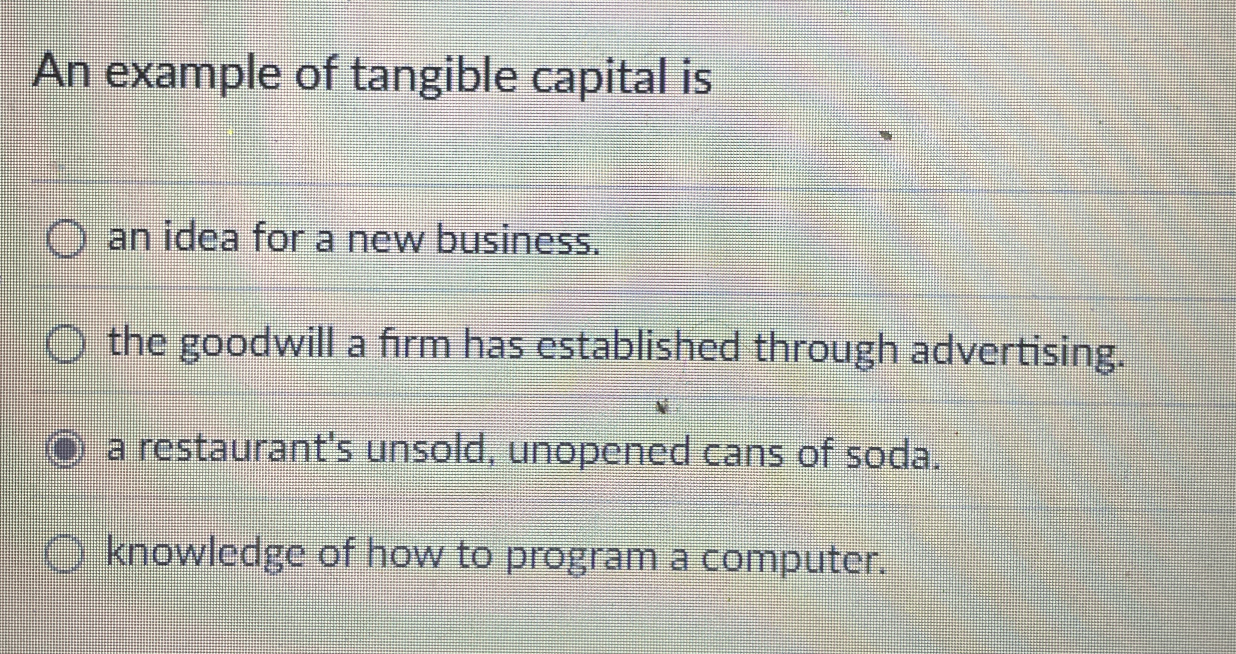 An example of tangible capital isan idea for a new | Chegg.com