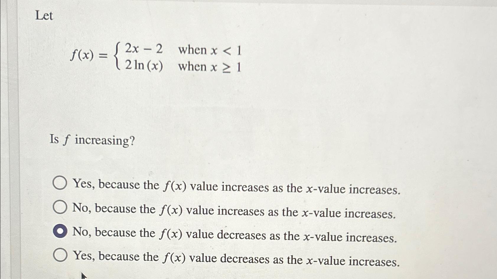Solved Let\\nf(x)={(2x-2 when x =1):}\\nIs | Chegg.com