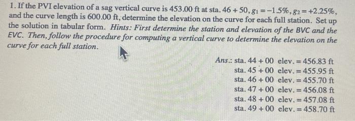 Solved 1. If the PVI elevation of a sag vertical curve is | Chegg.com