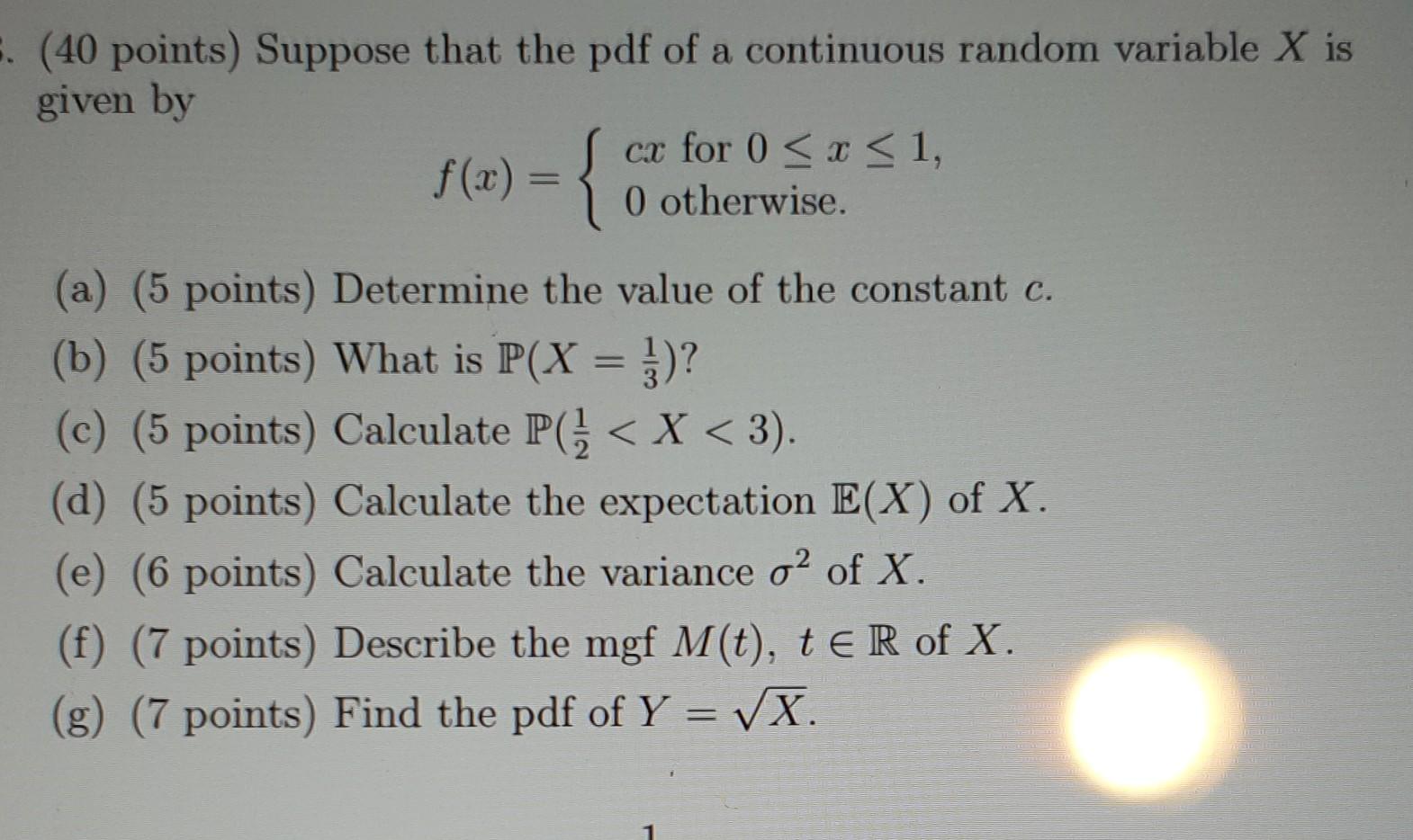Solved (40 points) Suppose that the pdf of a continuous | Chegg.com