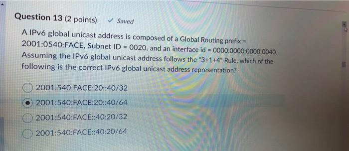 Solved Question 13 (2 points) Saved A IPv6 global unicast | Chegg.com
