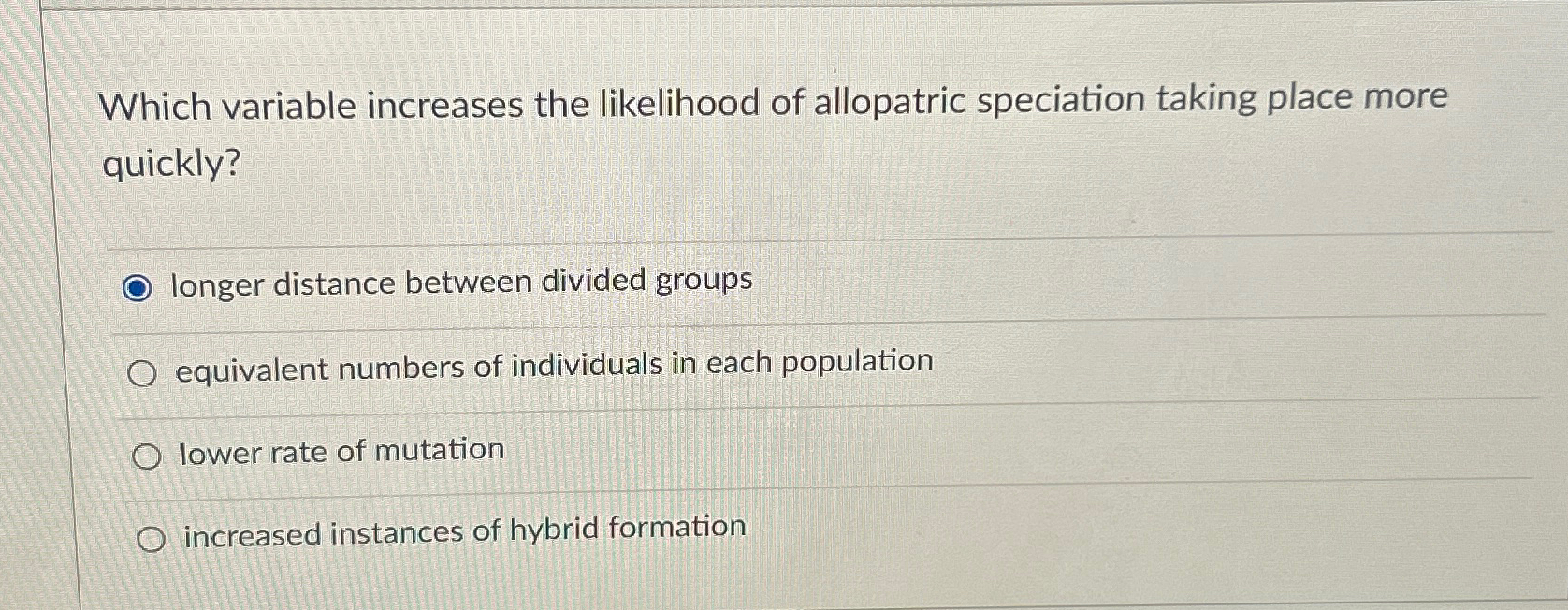 Solved Which variable increases the likelihood of allopatric | Chegg.com