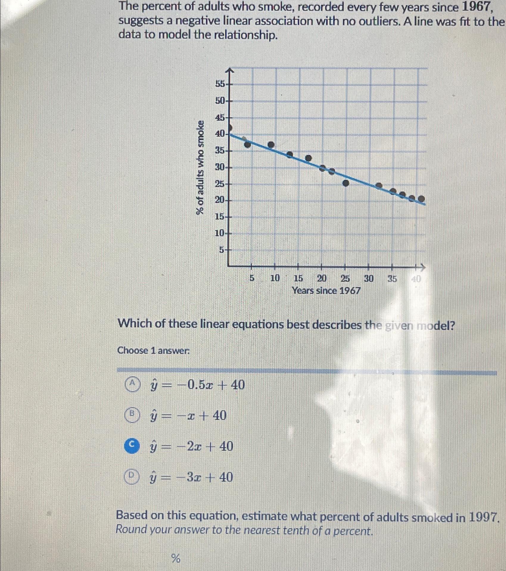 Solved The percent of adults who smoke, recorded every few | Chegg.com