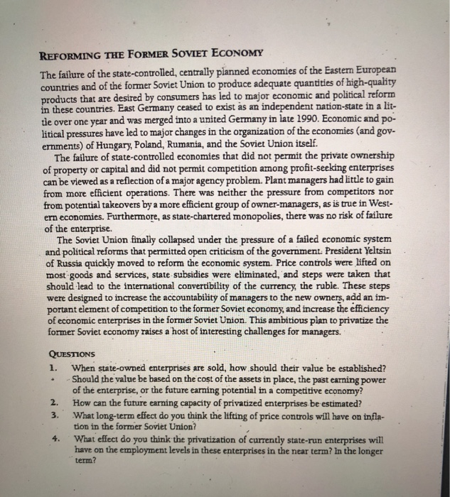 Solved REFORMING THE FORMER SOVIET ECONOMY The failure of | Chegg.com