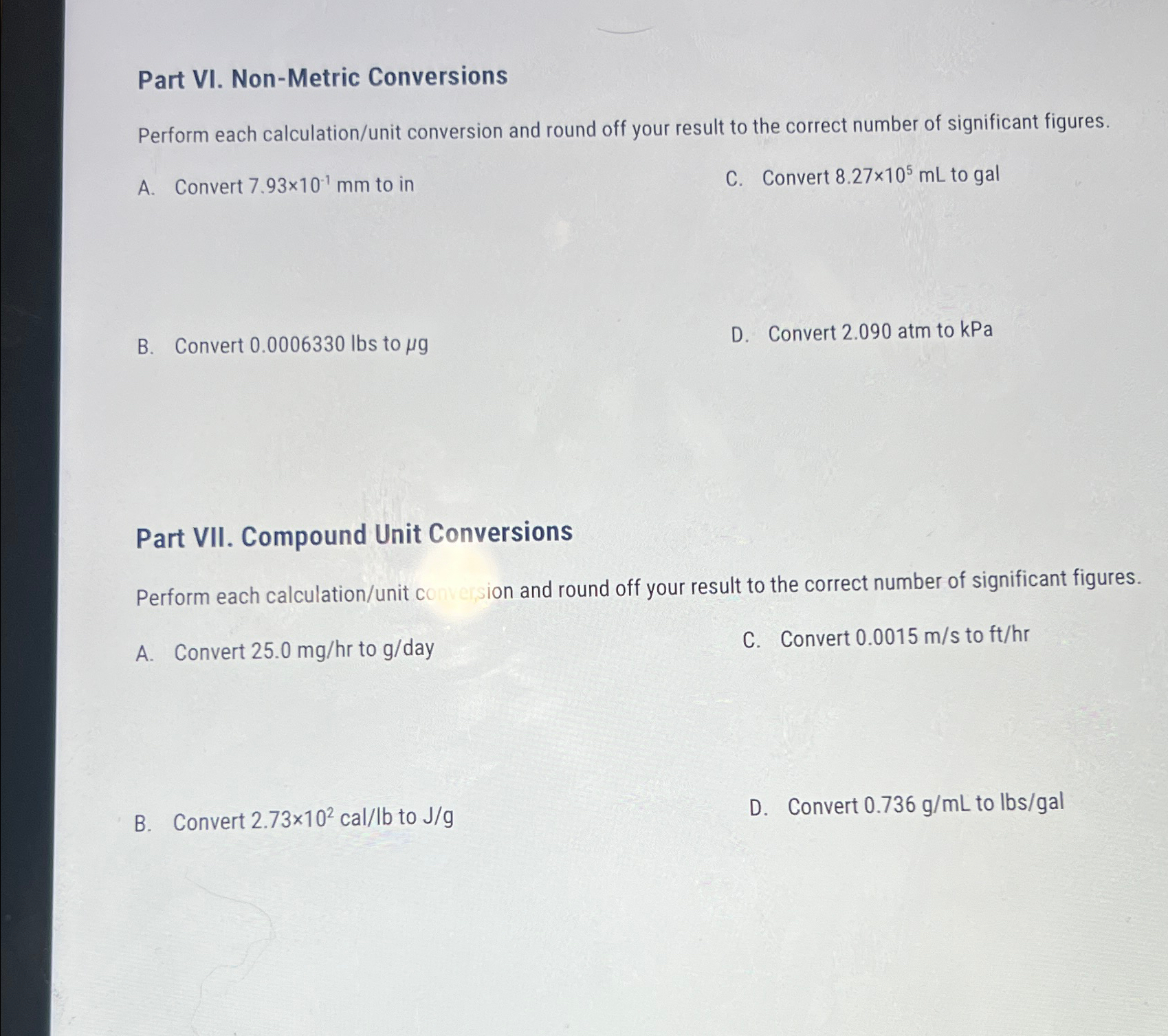 Solved Part VI. ﻿Non-Metric ConversionsPerform each | Chegg.com