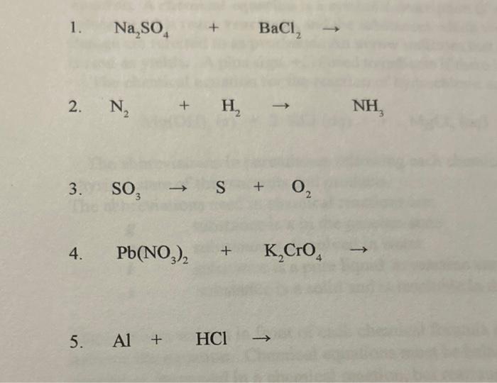 Solved 1. Na2SO4+BaCl2→ 2. N2+H2→NH3 3. SO3→S+O2 4. | Chegg.com