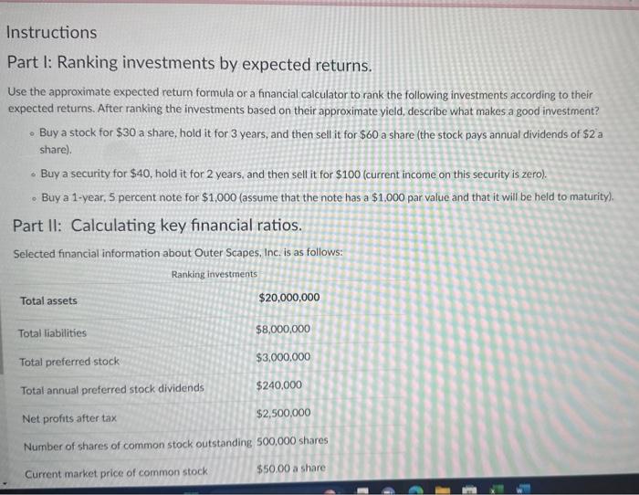 Solved Instructions Part I: Ranking investments by expected | Chegg.com
