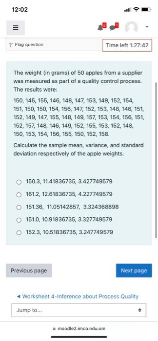 Solved The weight (in grams) of 50 apples from a supplier | Chegg.com