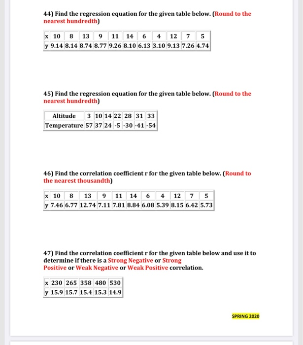 Solved 44) Find the regression equation for the given table | Chegg.com