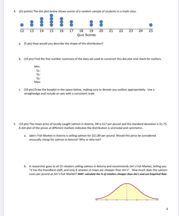 Solved 4. (25 points) The dot plot below shows scores of a | Chegg.com