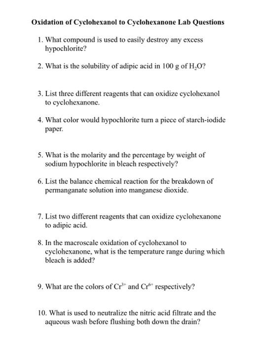 Solved Oxidation of Cyclohexanol to Cyclohexanone Lab | Chegg.com