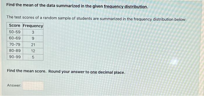 Solved Find the mean of the data summarized in the given | Chegg.com