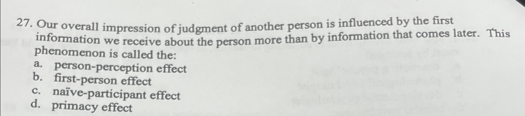 Solved Our overall impression of judgment of another person | Chegg.com