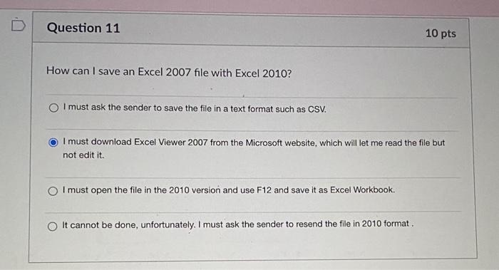 Solved How can I save an Excel 2007 file with Excel 2010? I | Chegg.com