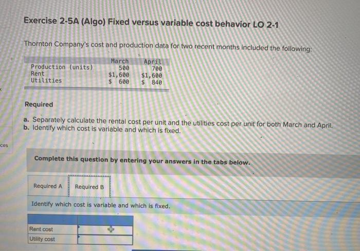 Solved Exercise 2-5A (Algo) Fixed versus variable cost | Chegg.com