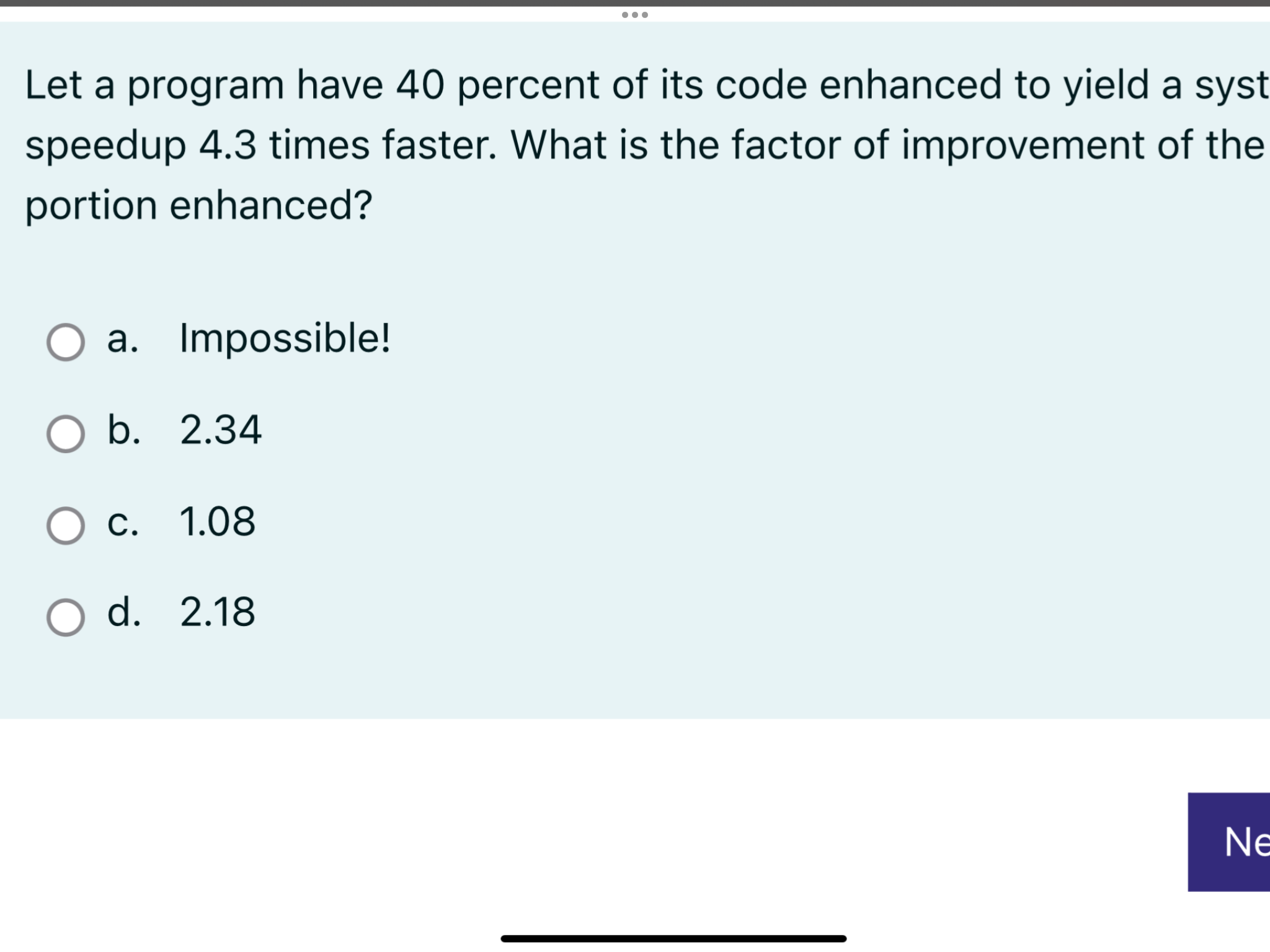 Solved Let a program have 40 ﻿percent of its code enhanced | Chegg.com