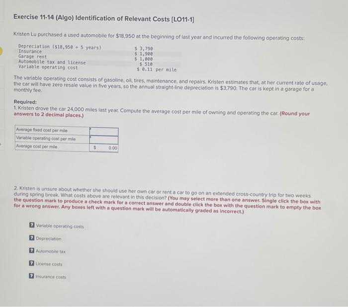 Solved Exercise 11−14 (Algo) Identification of Relevant | Chegg.com