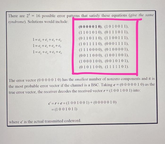 Solved There are 24=16 possible error patterns that satisfy | Chegg.com