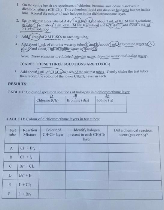 Solved 1. On the centre bench are specimens of chlorine, | Chegg.com