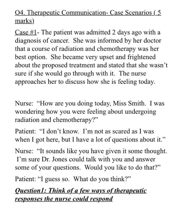Solved Q4. Therapeutic Communication- Case Scenarios ( 5 | Chegg.com