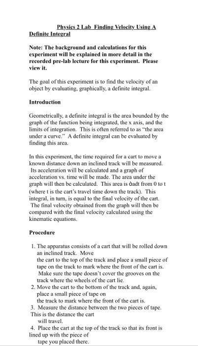 Solved Physics 2 Lab Finding Velocity Using A Definite | Chegg.com