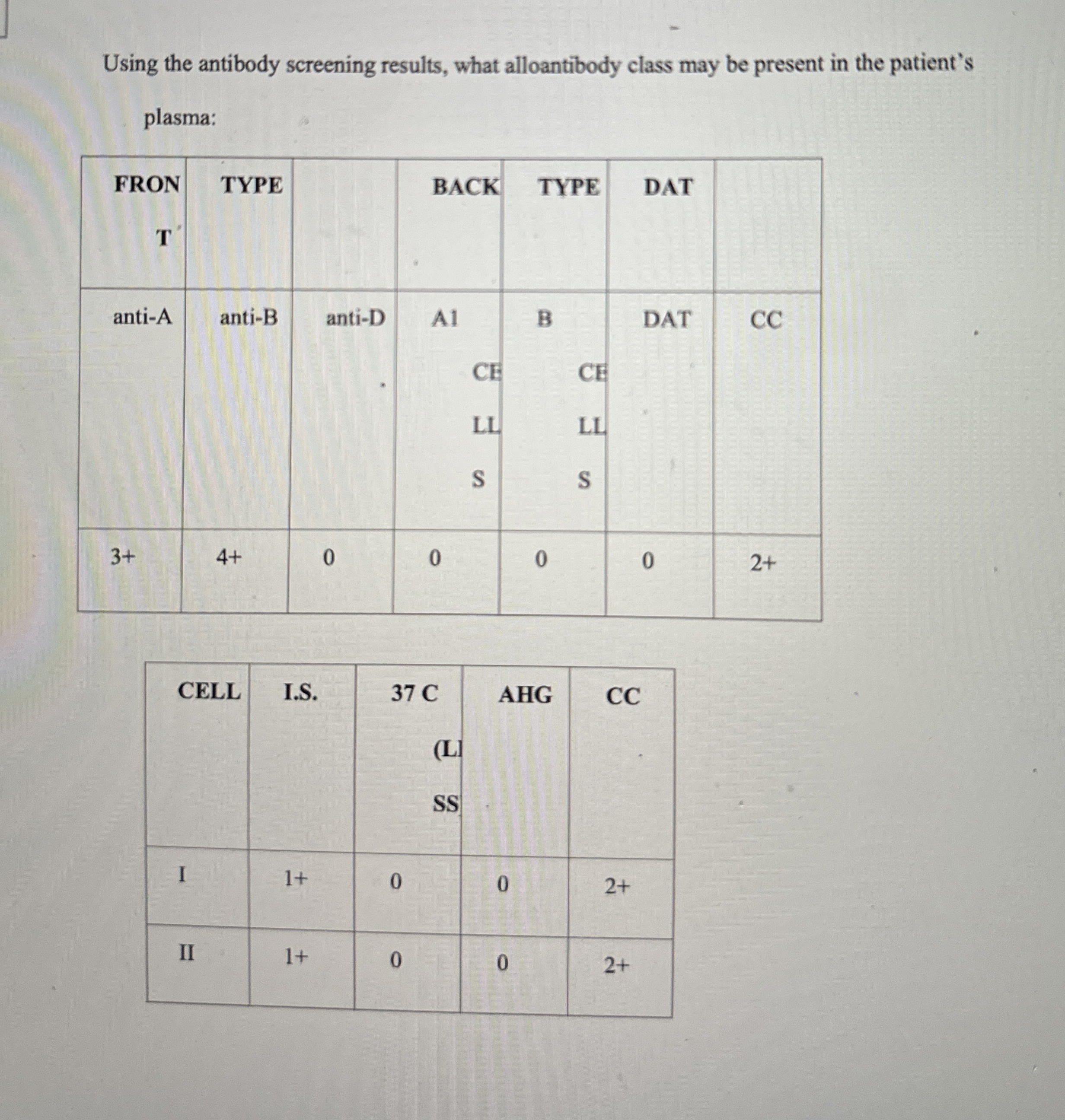 Solved Using the antibody screening results, what | Chegg.com