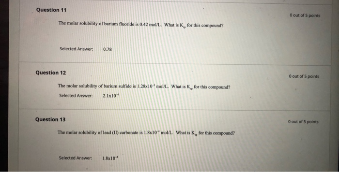 Solved Question 11 0 out of 5 points The molar solubility of | Chegg.com Solved Question 11 0 out of 5 points The molar solubility of | Chegg.com