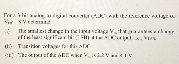 Solved For a 3-bit analog-to-digital converter (ADC) with | Chegg.com