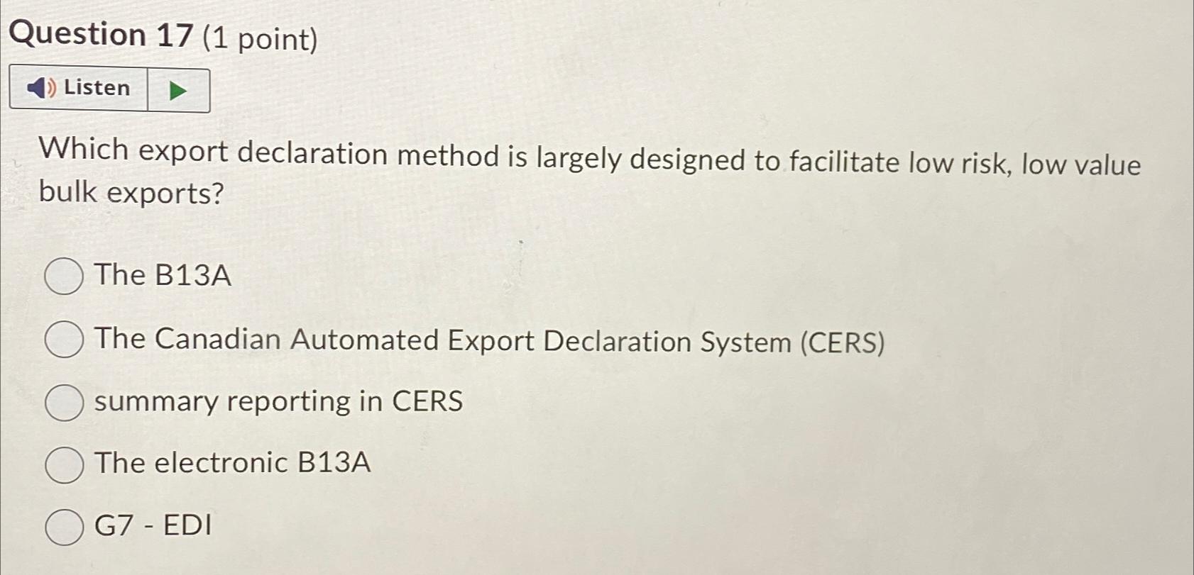 Solved Question 17 (1 ﻿point)Which export declaration method | Chegg.com