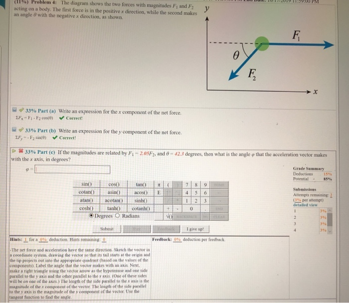 Solved (l196) Problem 4: The diagram shows the two forces | Chegg.com