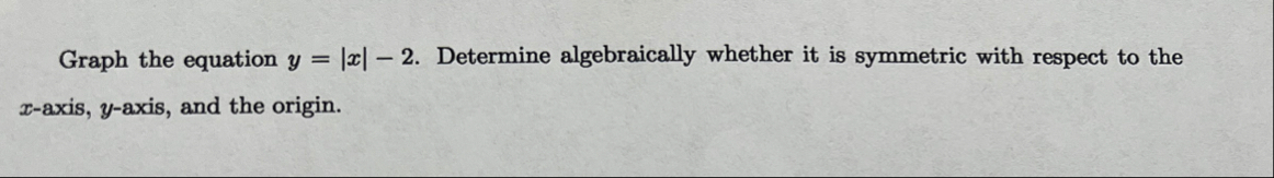 Solved Graph the equation y=|x|-2. ﻿Determine algebraically | Chegg.com