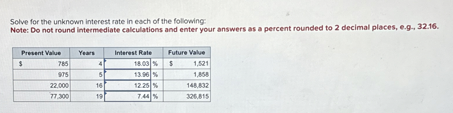 Solve for the unknown interest rate in each of the | Chegg.com