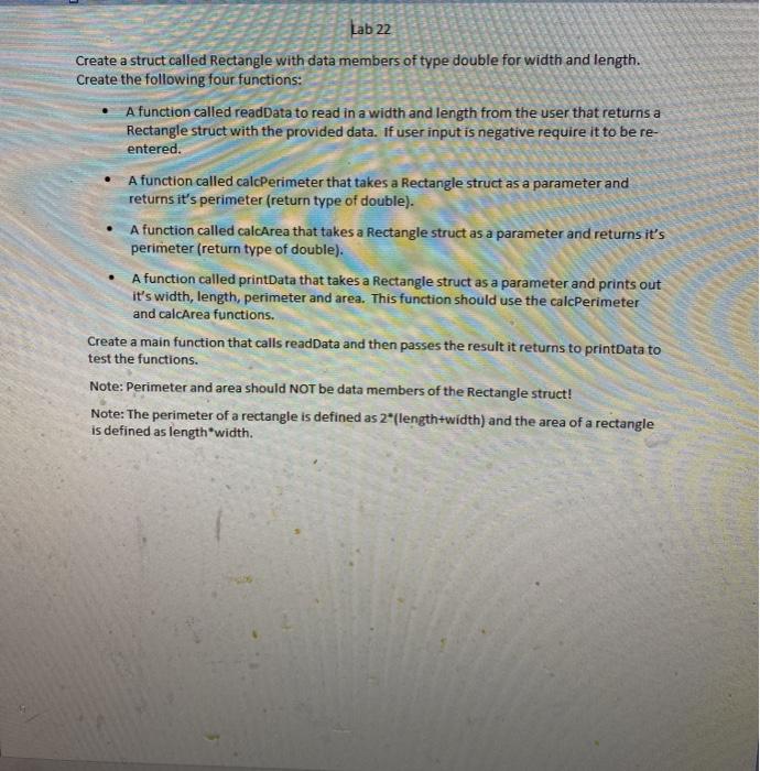 Solved Lab 22 Create a struct called Rectangle with data | Chegg.com