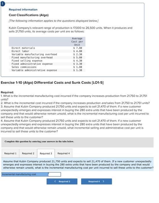 Solved Required information Cost Classifications (Algo) [The | Chegg.com