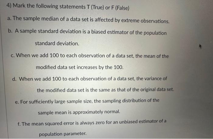 Solved 4) Mark the following statements T (True) or F | Chegg.com